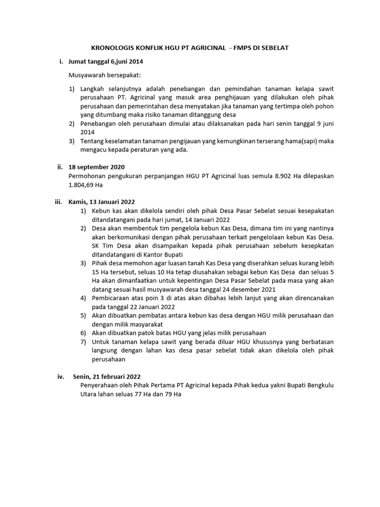 Kronologis Konflik PT Agricinal VS FMPS | PDF