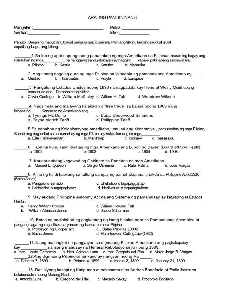 Araling Panlipunan 6 Quiz | PDF