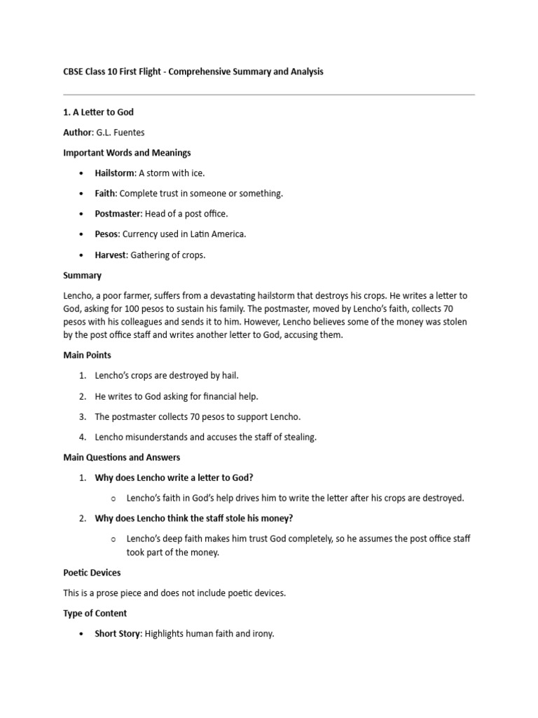 CBSE Class 10 First Flight Summary Guide | PDF | Poetry | Tea