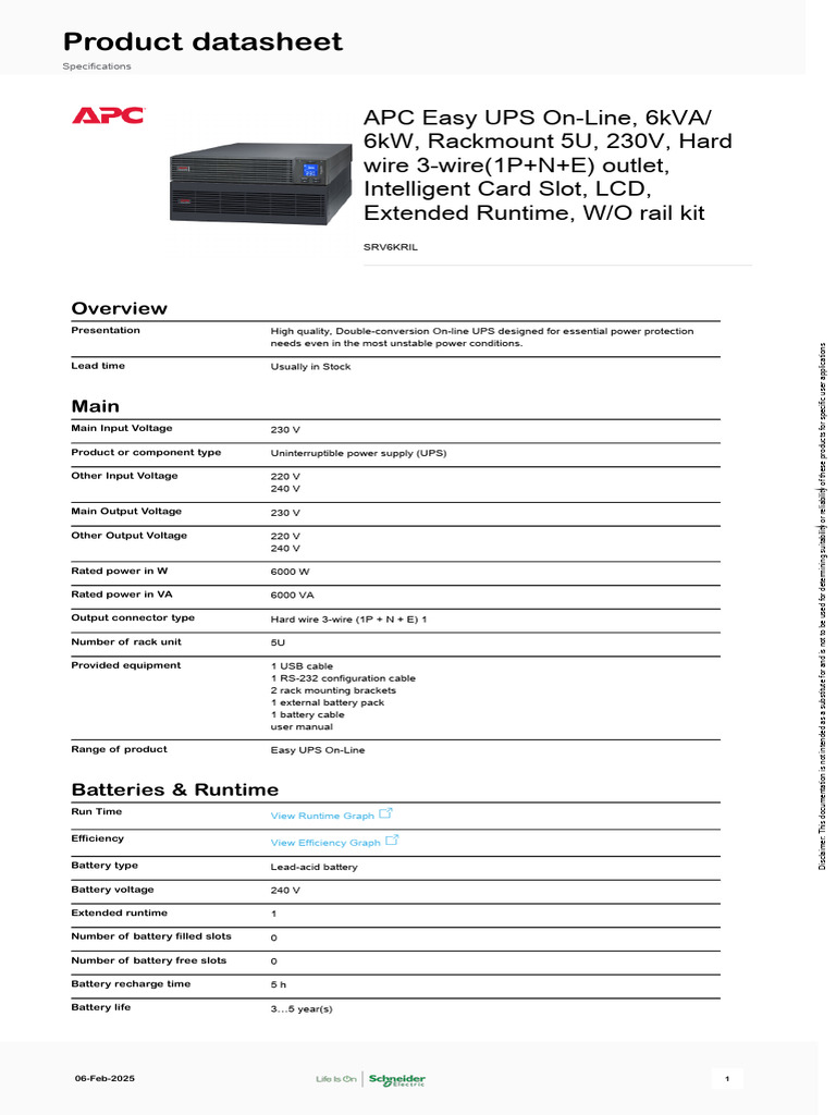 Schneider Electric - APC - Easy-UPS-OnLine - SRV6KRIL | PDF | Power Supply | Mains Electricity