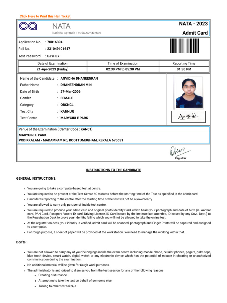 NATA 2023 Admit Card Details | PDF | Identity Document | Computing