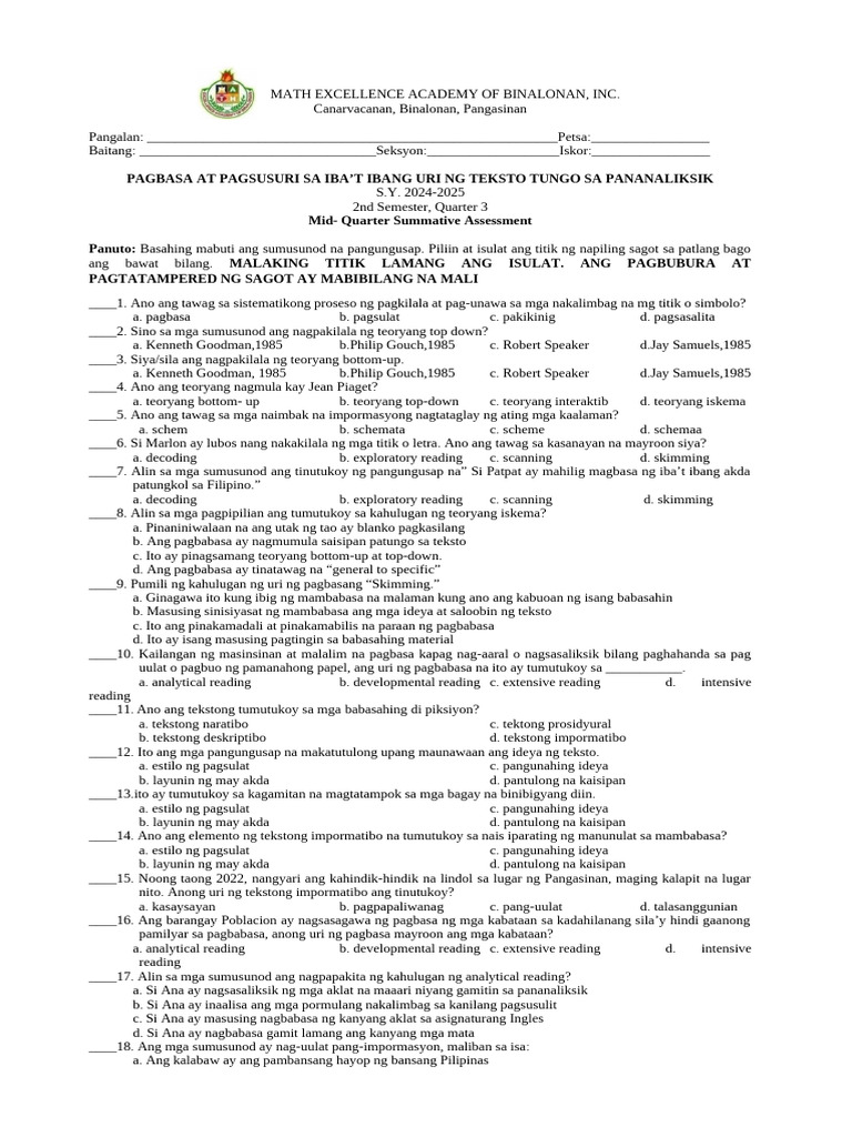 Q3 MQSA Pagbasa At Pagsusuri Sa Iba’t Ibang Uri Ng Teksto Tungo Sa ...