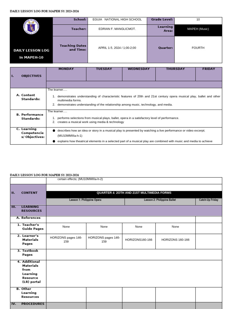 MAPEH 10 Daily Lesson Log 2023-2024 | PDF | Opera