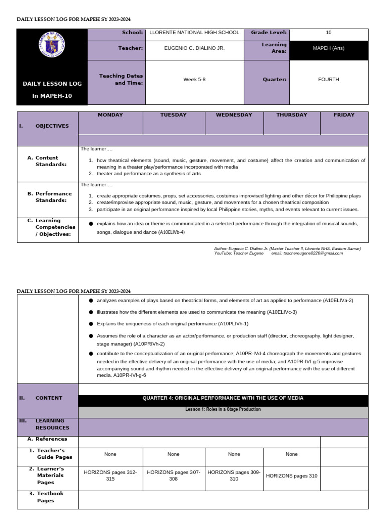 Q4 DLL-MAPEH 10 - Arts-Wk5-8 | PDF | Learning