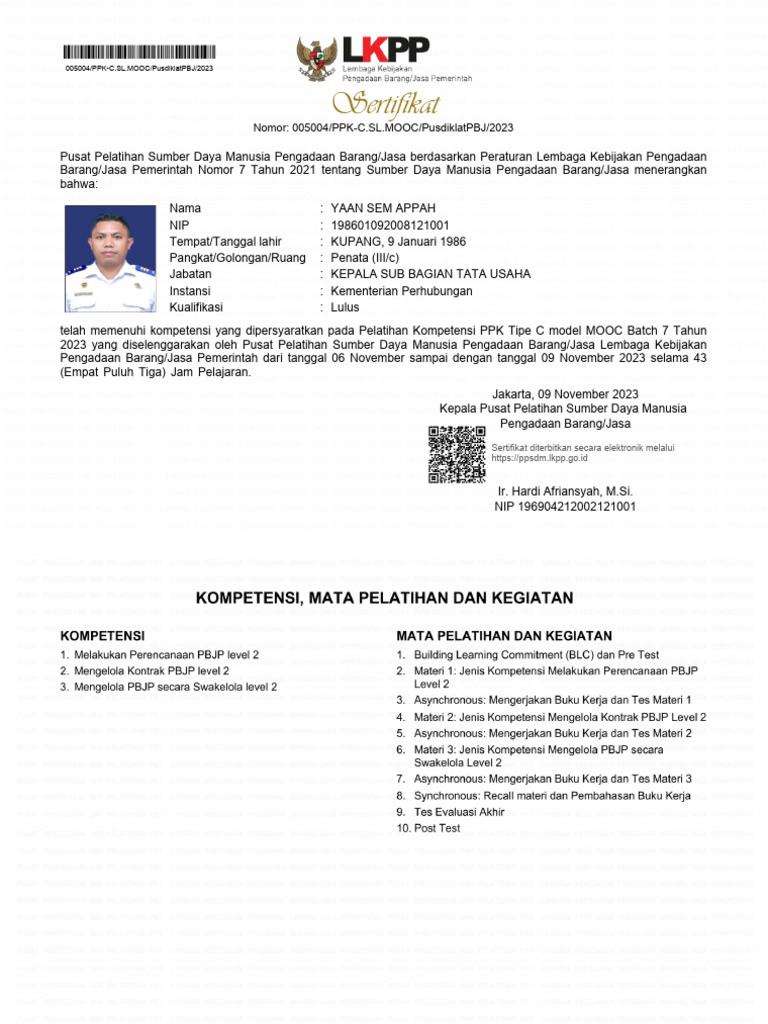 Sertifikat Pelatihan PPK Tipe C MOOC 2023 | PDF