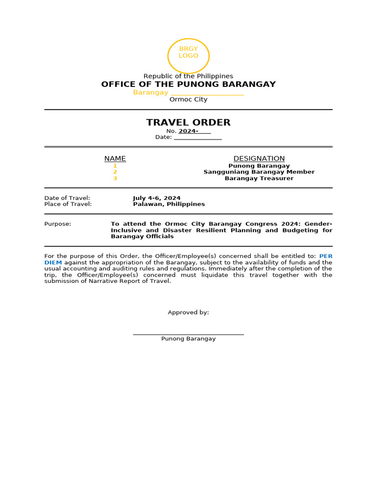 Barangay Travel Order for Congress 2024 | PDF