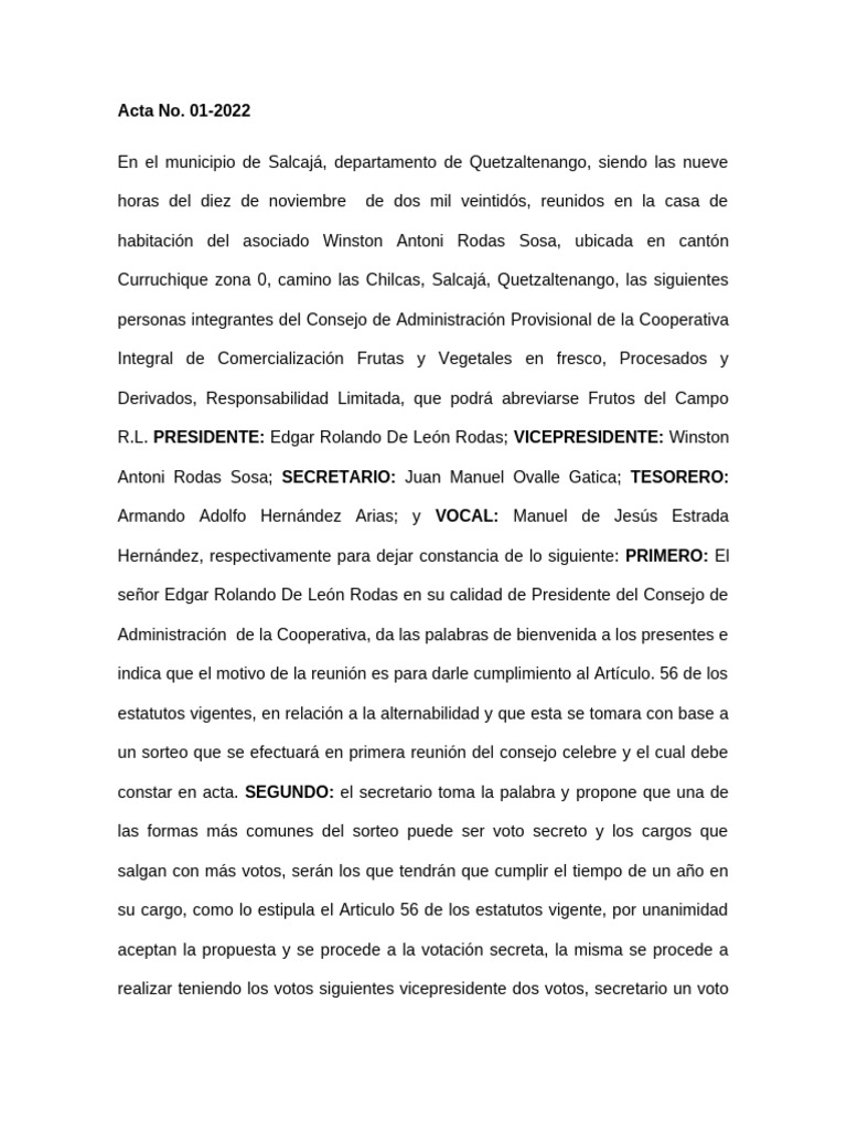 Acta de Reunión Cooperativa Frutos del Campo | PDF