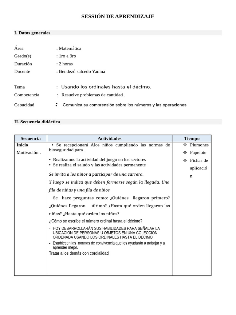 Sesion de Aprendizaje de Numeros Ordinales | PDF | Aprendizaje ...