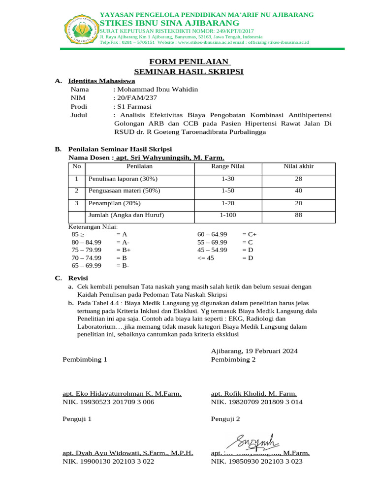 Form Semhas Ibnu Wahidin | PDF