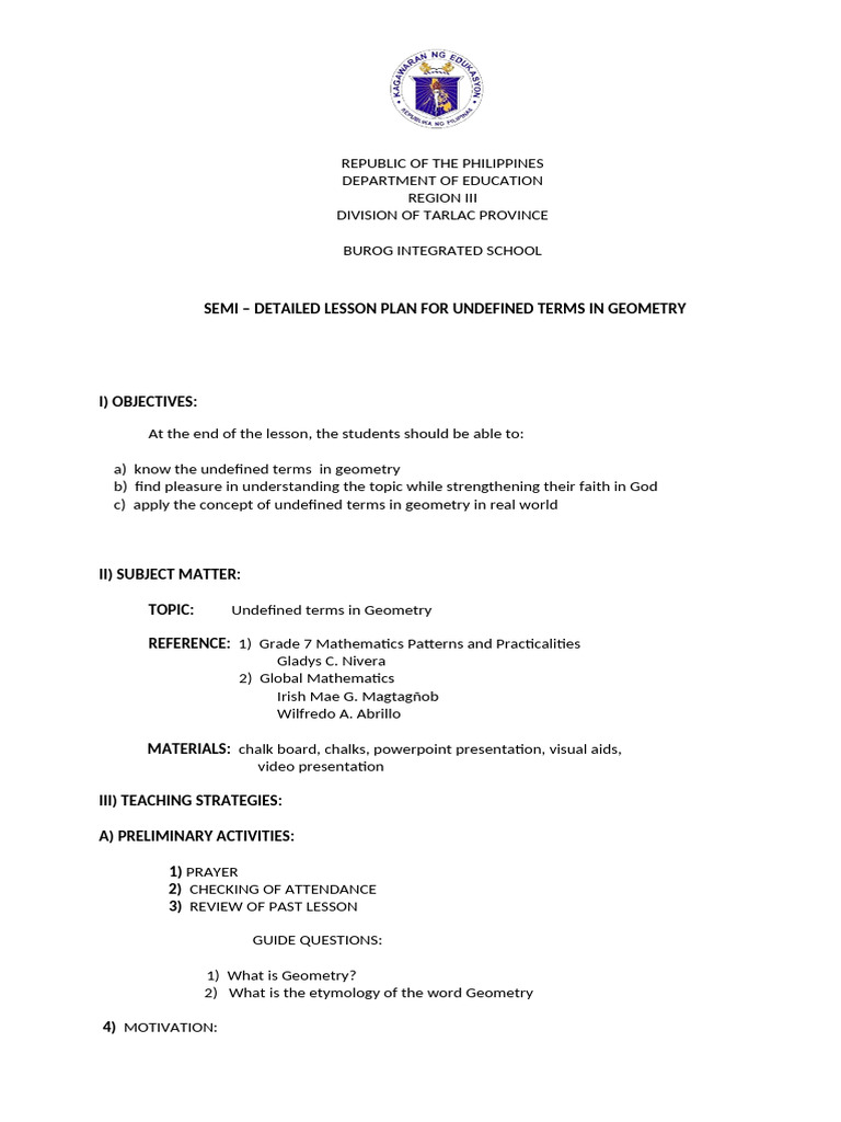 Lesson Plan For Undefined Terms in Geometry | PDF | Geometry | Mathematics