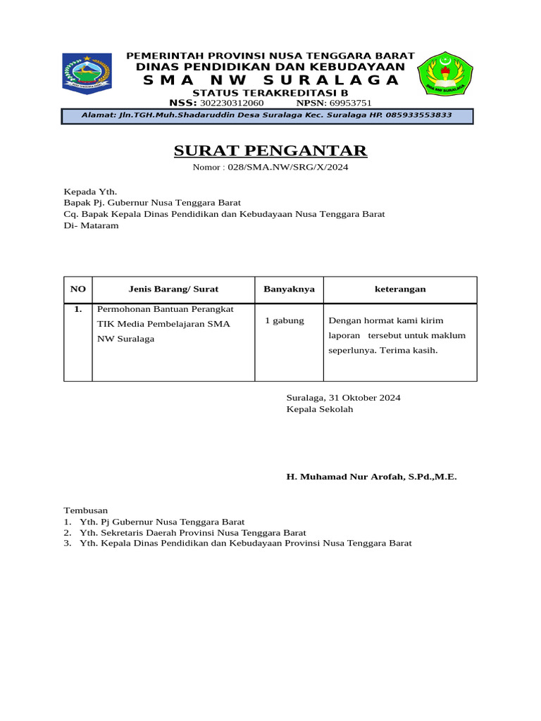 Proposal Bantuan Perangkat TIK SMA NW Suralaga | PDF