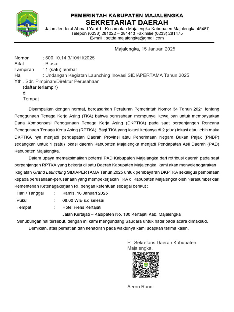 Surat Undangan Launching SIDIAPERTAMA_Perusahaan | PDF