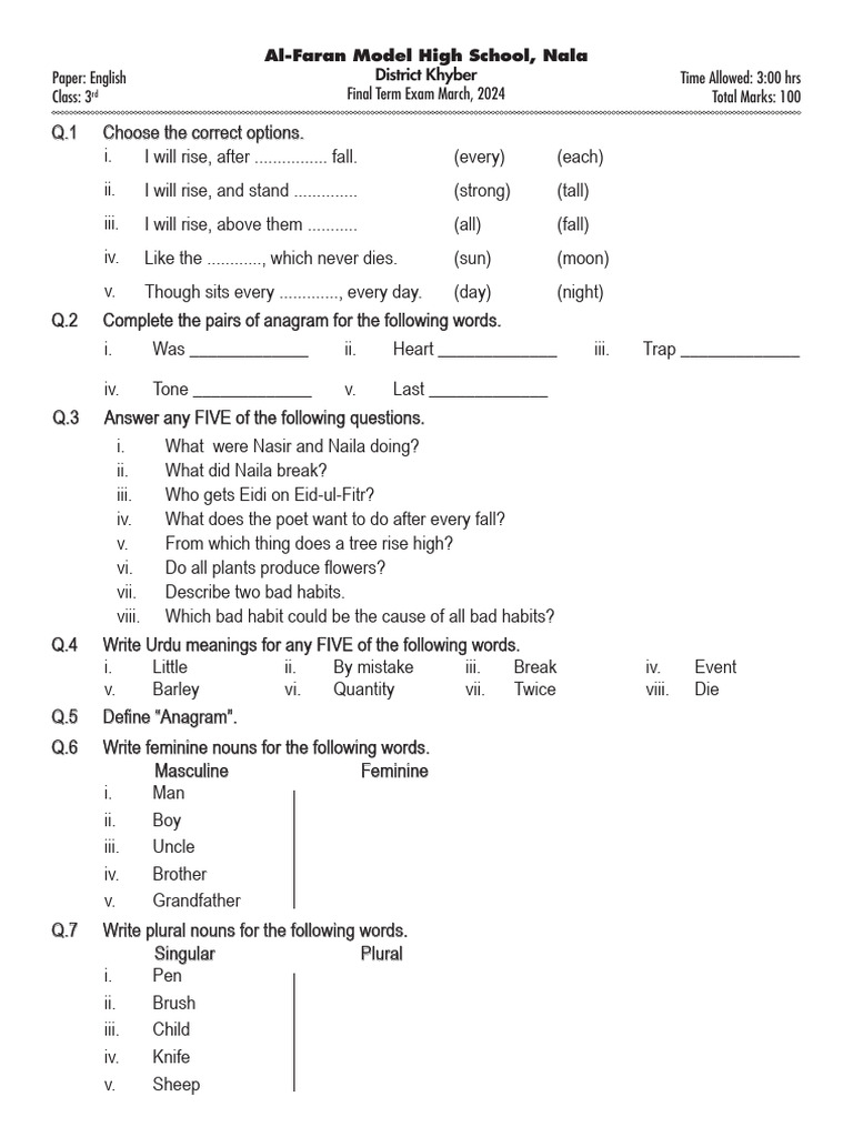 Grade 3 English Exam Paper | PDF