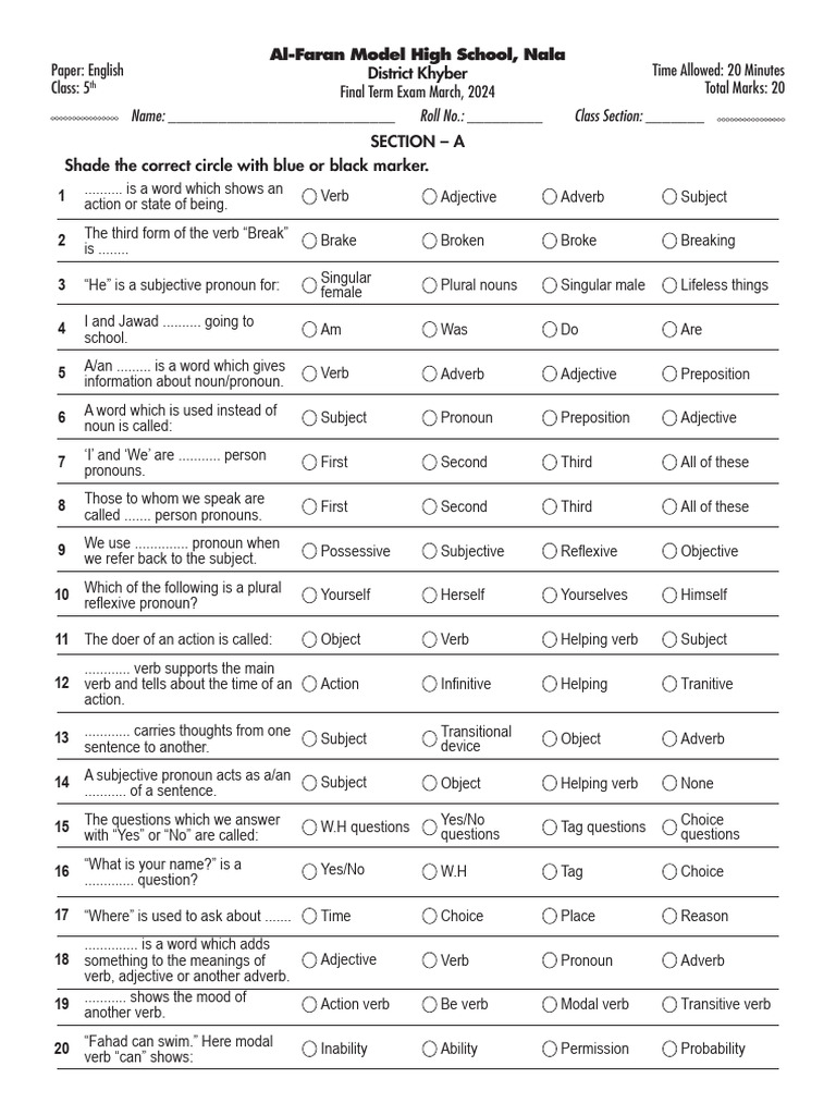 Primary School English Papers Model 5 ENG (A) | PDF | Verb | Pronoun