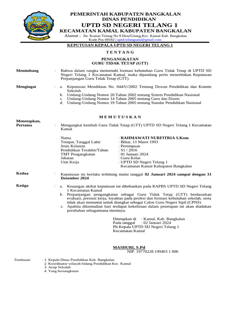 SK Pengangkatan Bu Rahma 2024 | PDF