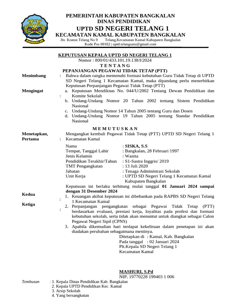 SK Perpanjangan Bu Siska 2024 | PDF
