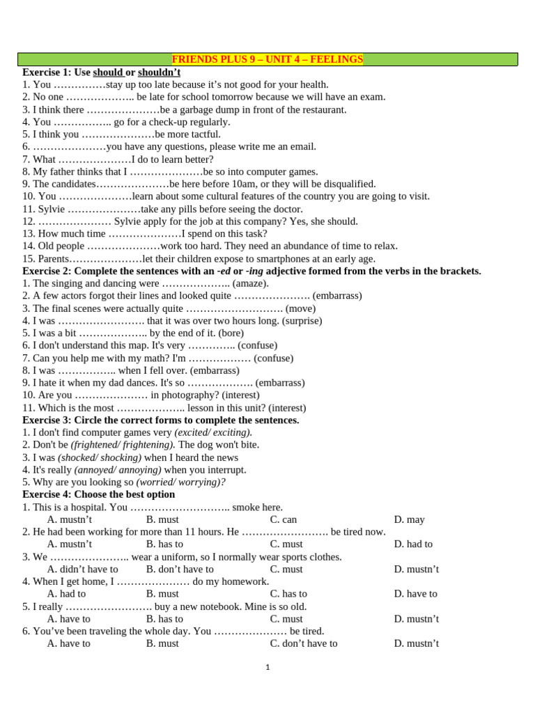 FP9 - Unit 4 - Exercise - Đề | PDF | Anger | Emotions