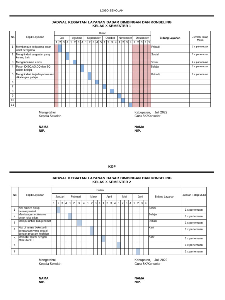 Jadwal Bimbingan Konseling Kelas X | PDF