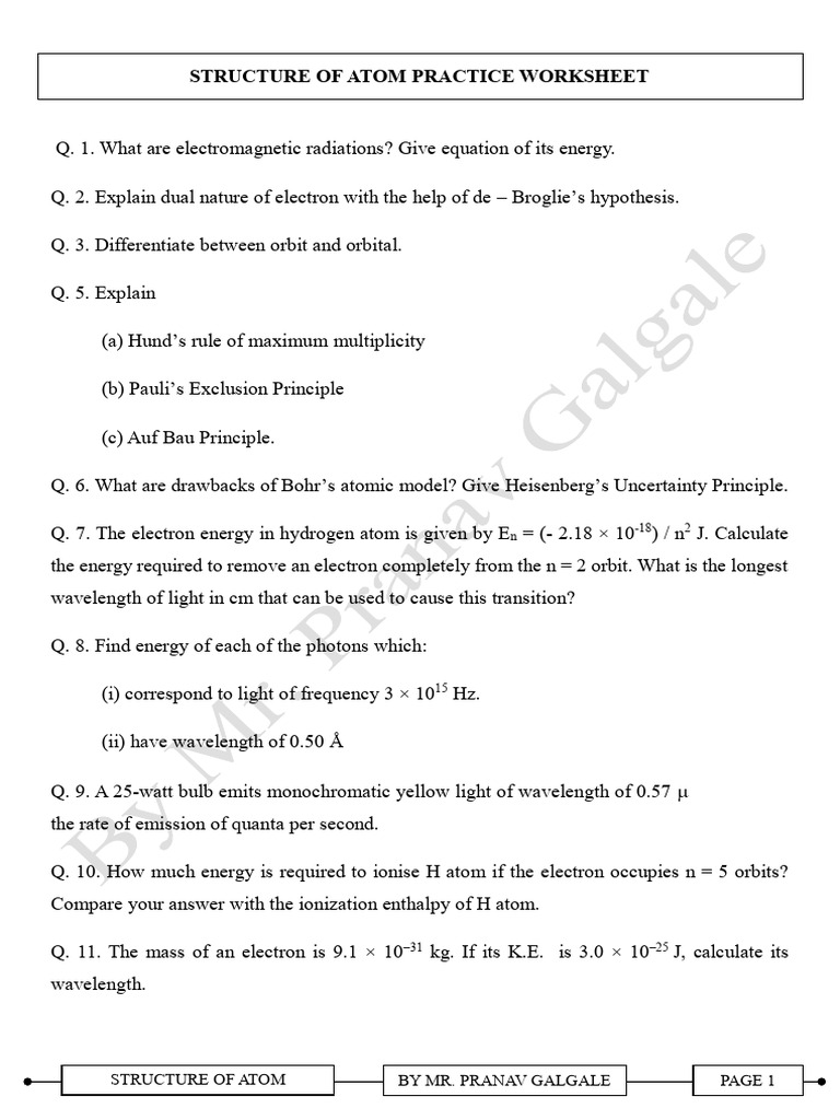 Structure Of Atom Practice Worksheet Pdf