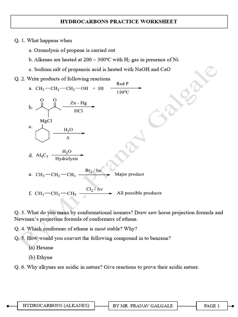 Hydrocarbons Practice Worksheet | PDF
