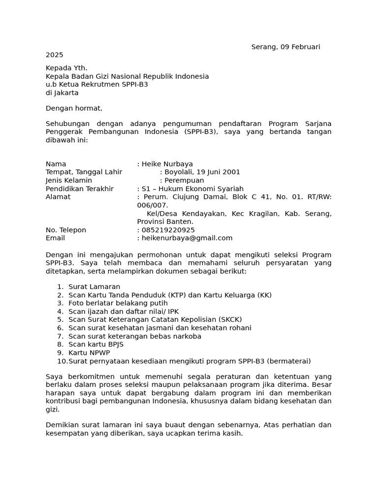 Surat Lamaran SPPI B-3 Heike Nurbaya | PDF