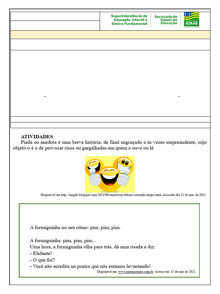 Atividade 6 Lingua Portuguesa Tema Andotas e Piadas Leitura Composicao ...