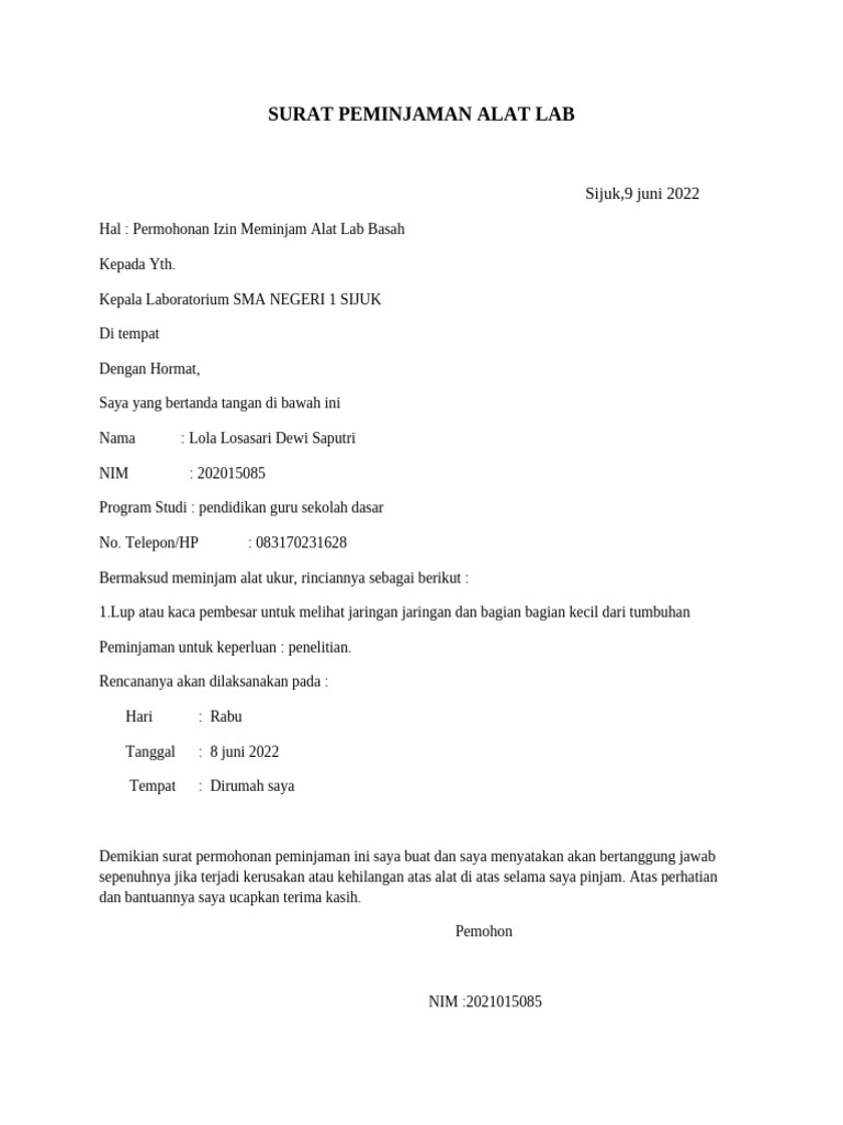 Surat Peminjaman Alat Laboratorium | PDF