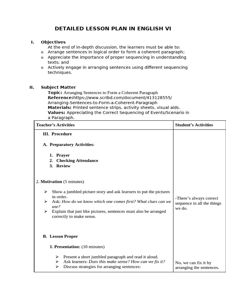 Detailed Lesson Plan in English Vi-Q3-W9-D1 | PDF | Lesson Plan | Paragraph