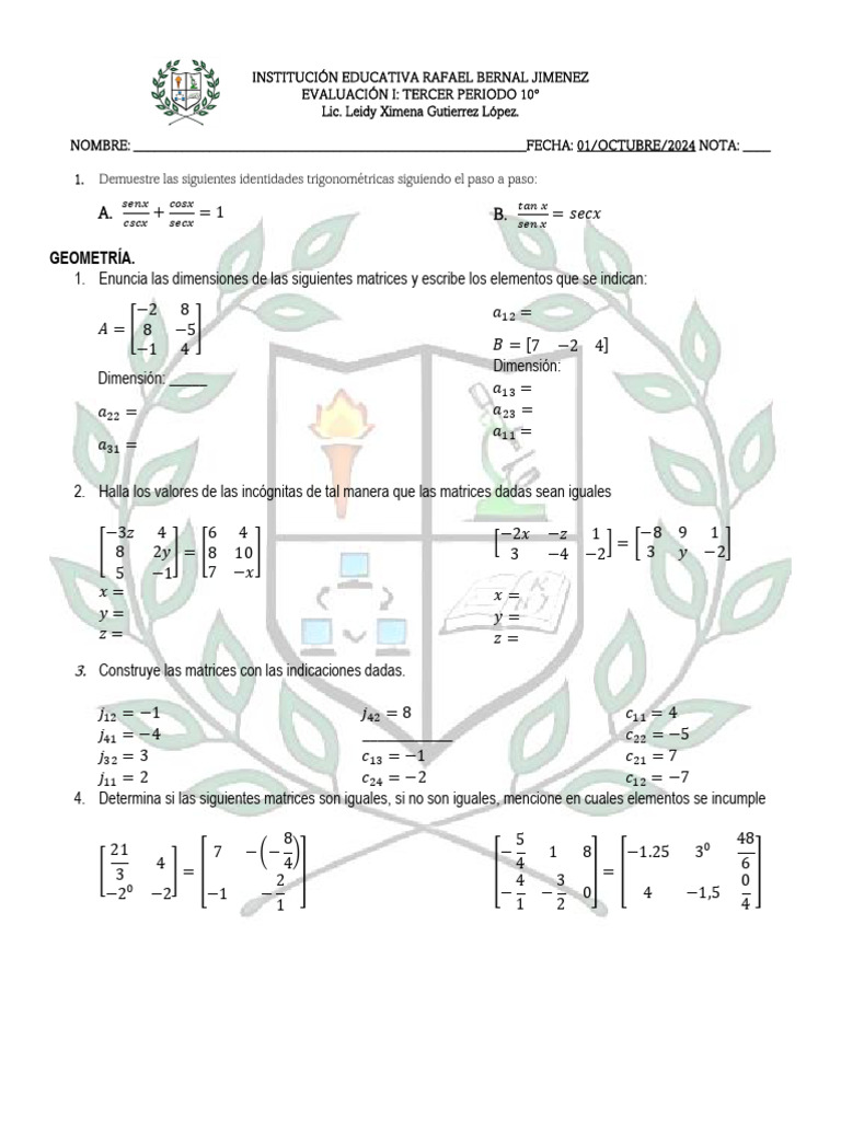 EVALUACION IDENTIDADES TRIGONOMETRICAS 10 Y MATRICES | PDF | Matriz ... EVALUACION IDENTIDADES TRIGONOMETRICAS 10 Y MATRICES | PDF | Matriz ...