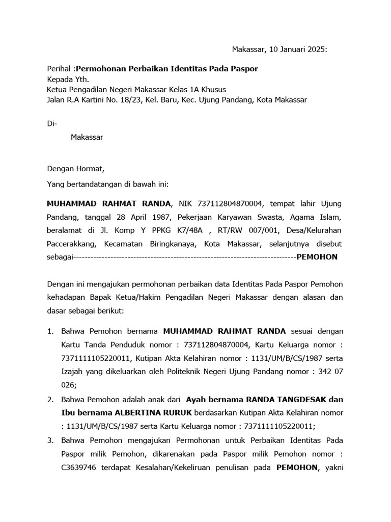 Permohonan Perbaikan Identitas Pada Paspor Muhammad Rahmat Randa | PDF