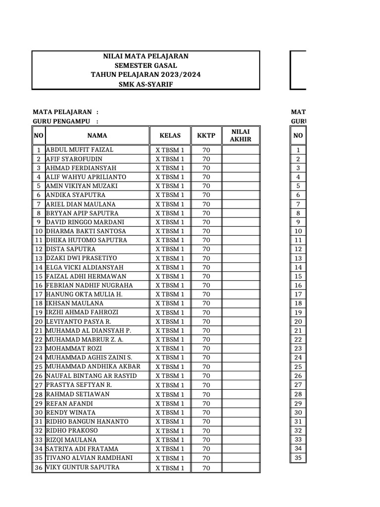 Format Nilai Mapel 2023-2024 | PDF
