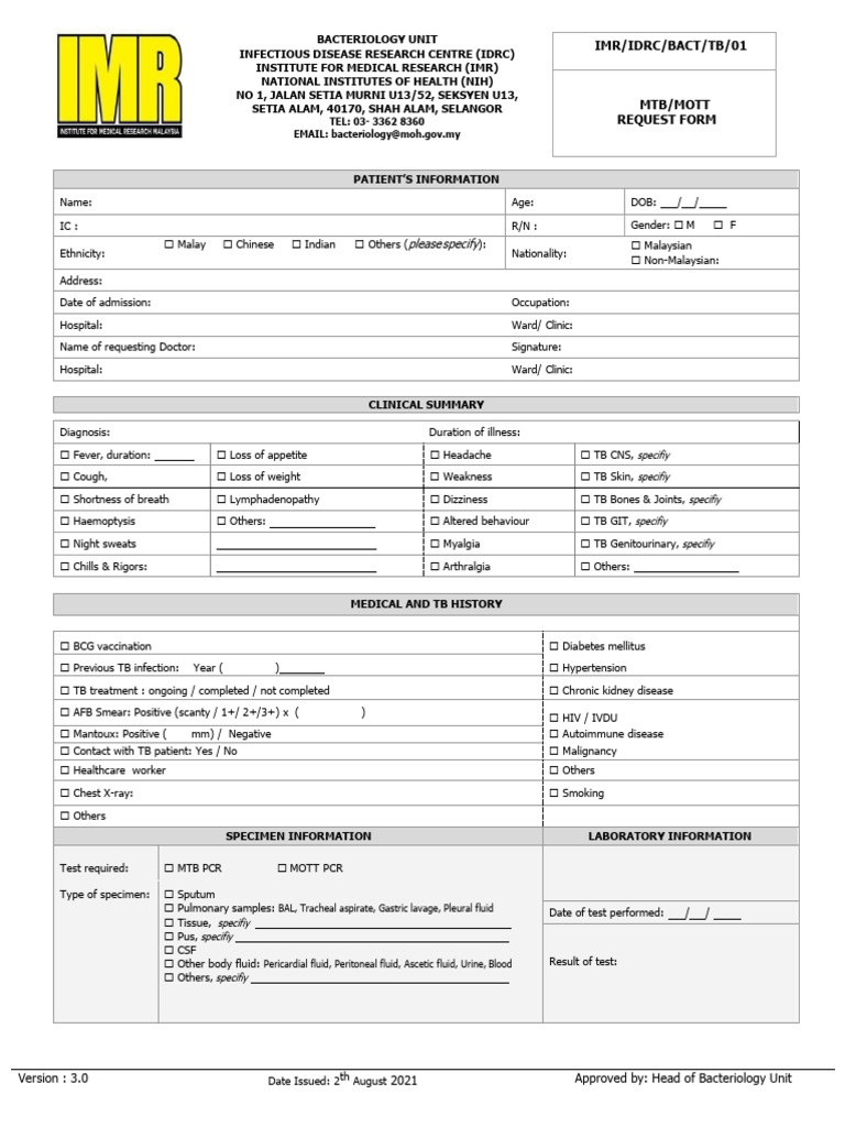 MTB/MOTT Test Request Form | PDF | Tuberculosis | Clinical Medicine