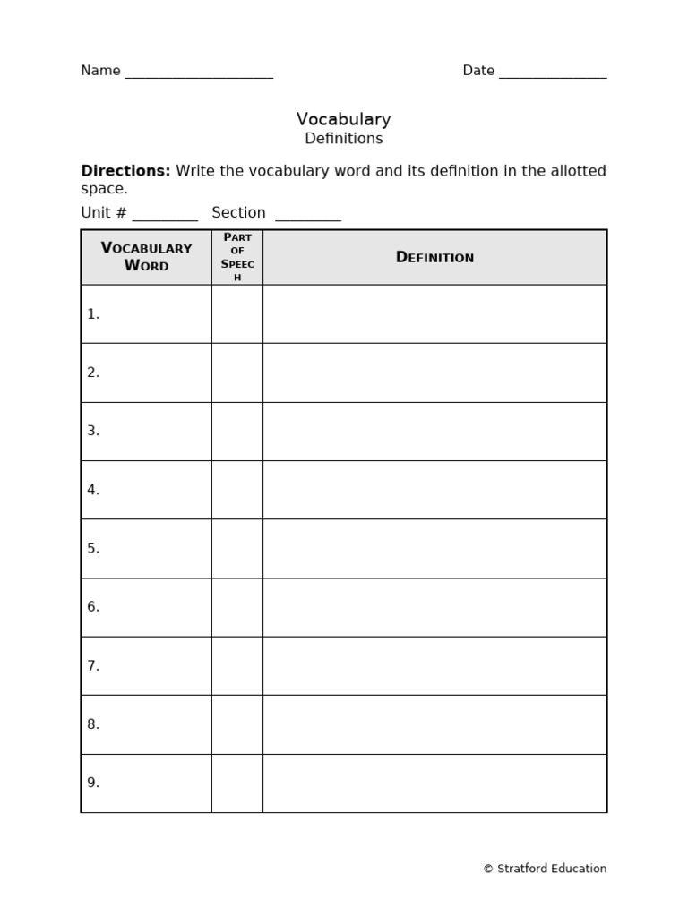 Vocabulary Word Definition Template | PDF