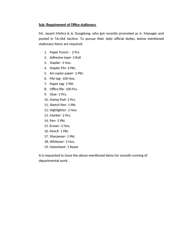 Office Stationery Requirement List | PDF