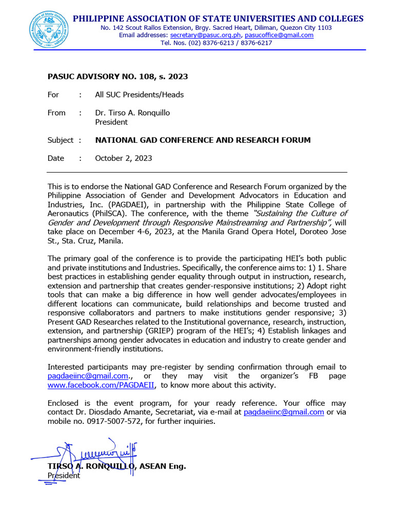 ADVISORY NO. 108, S. 2023 NATIONAL GAD CONFERENCE AND RESEARCH FORUM ...