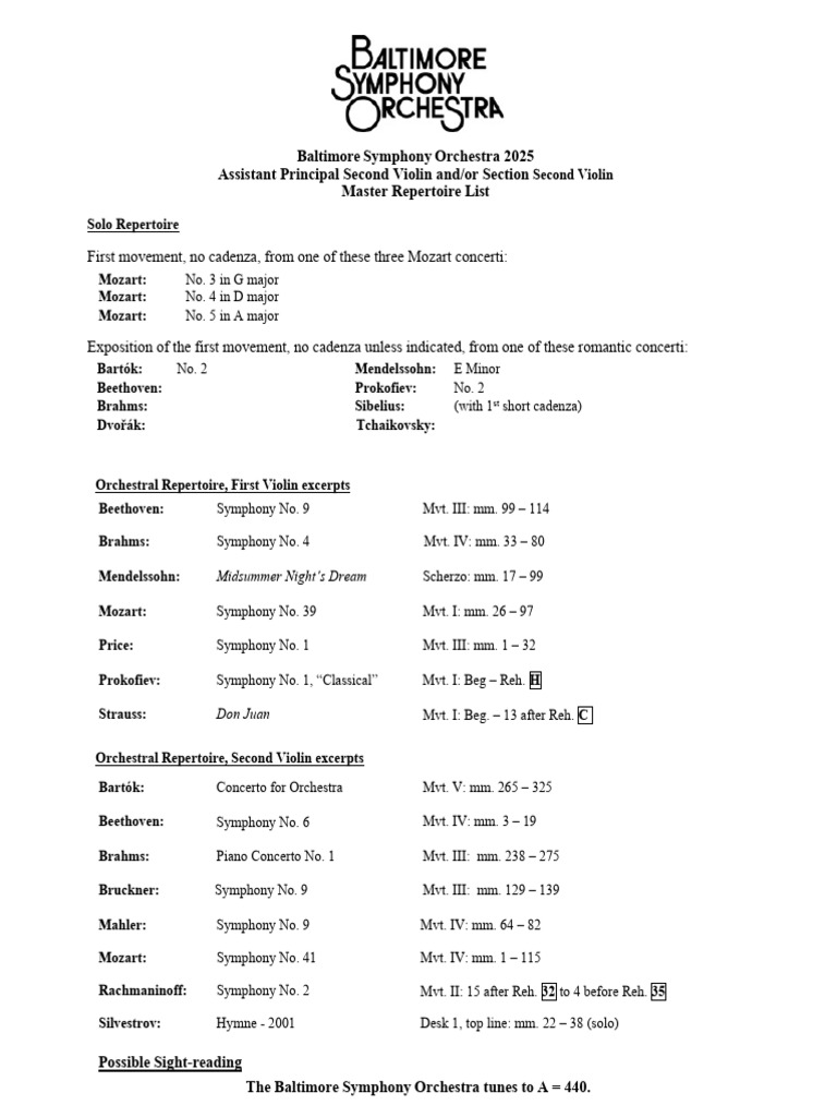 BSO 2025 AP Section Second Violin Master Repertoire Packet | PDF