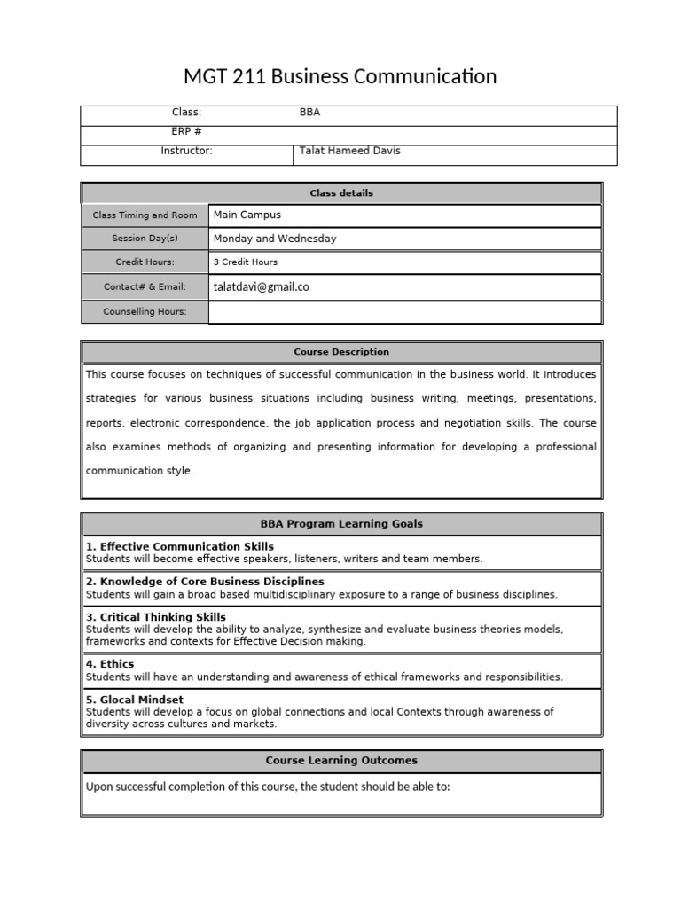 Business Communication Course Outline | PDF | Communication | Learning