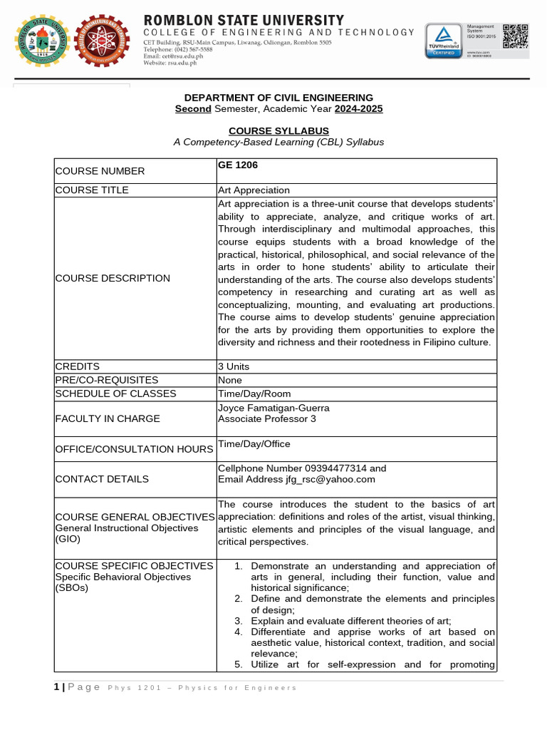 CBL CE Syllabus Art Appreciation | PDF | Cognition | The Arts