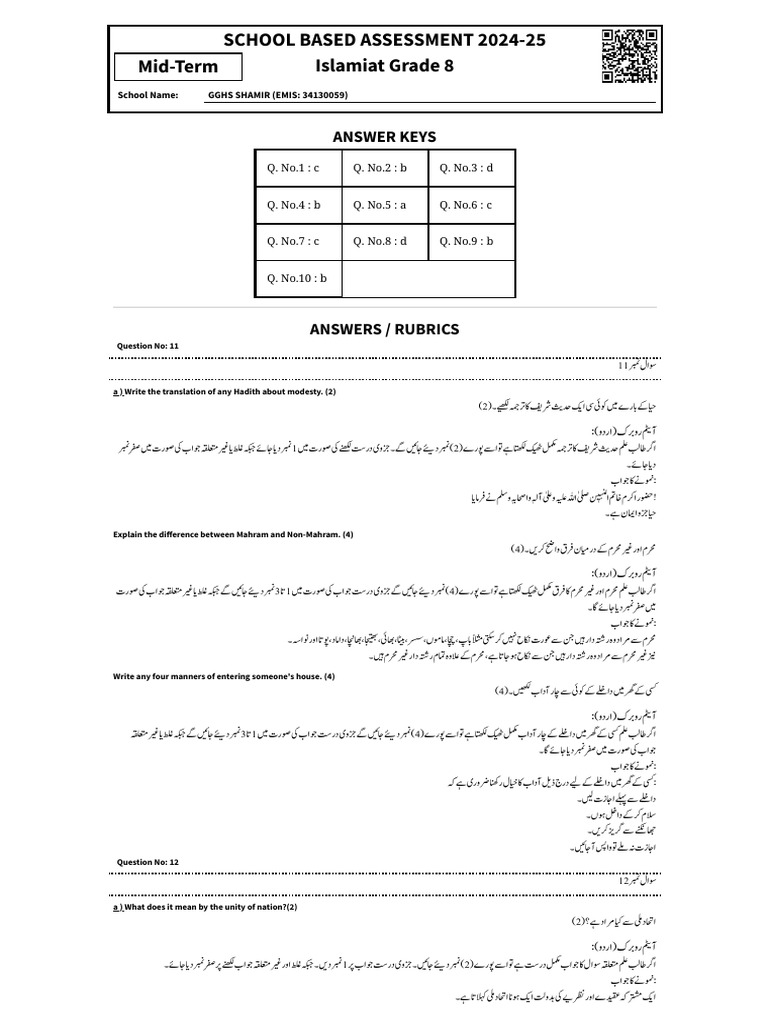 Class 8 Islamiat Paper Key - PEC IBS 2025 | PDF