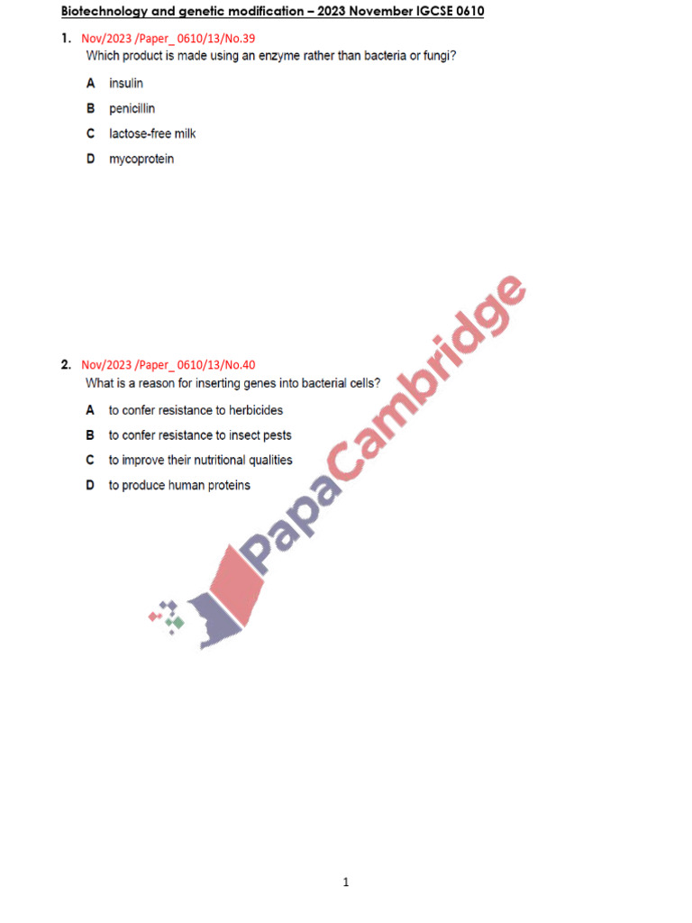 2023 Biotechnology and Genetic Modification IGCSE 0610 Stru | PDF