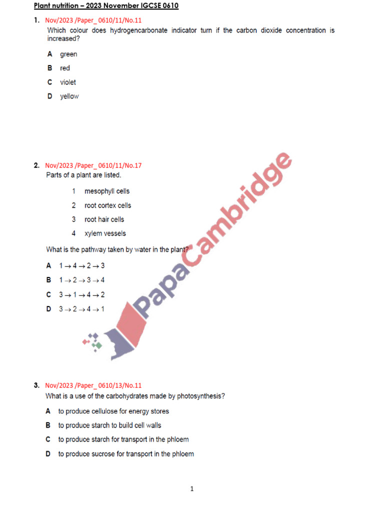 2023 Plant Nutrition IGCSE 0610 Stru | PDF