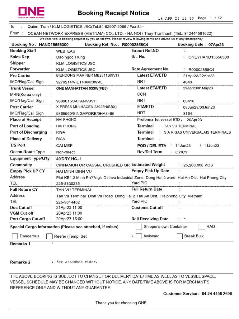 Booking Receipt for Ocean Freight HAND15656300 | PDF | Cargo | Logistics