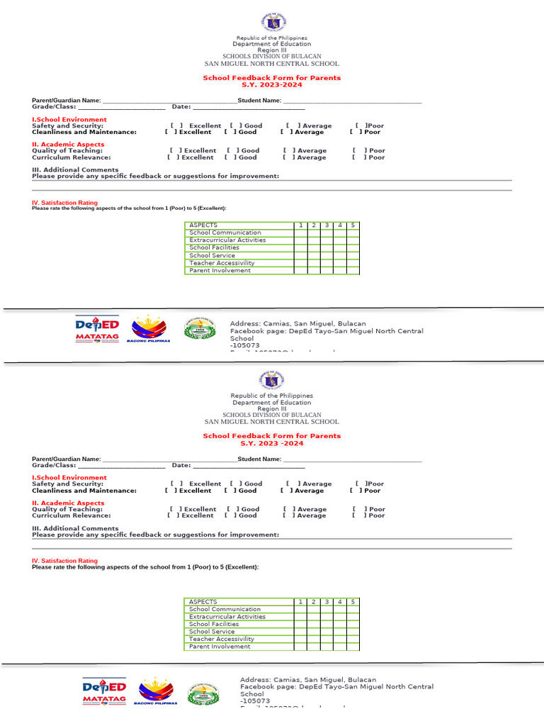 School Feedback Form For Parents | PDF | Schools | Learning