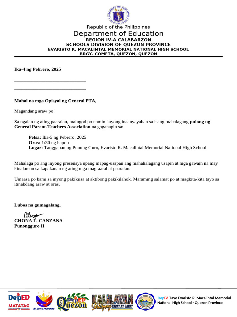 Invitation Letter For General PTA | PDF