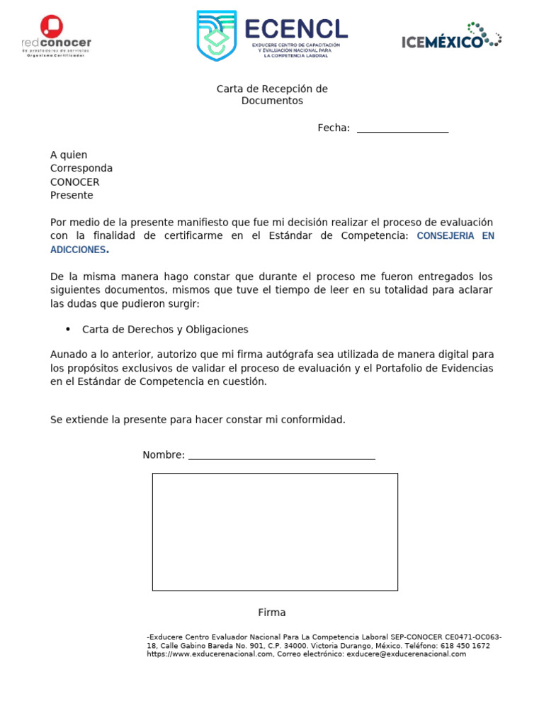 Carta Recepcion (Adjuntar en Solicitud de Documentos) | PDF