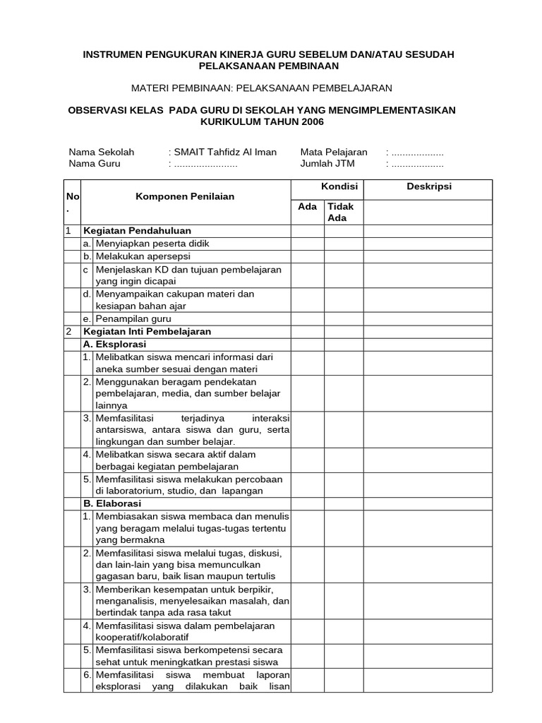 Instrumen Observasi Kelas K 2006 | PDF