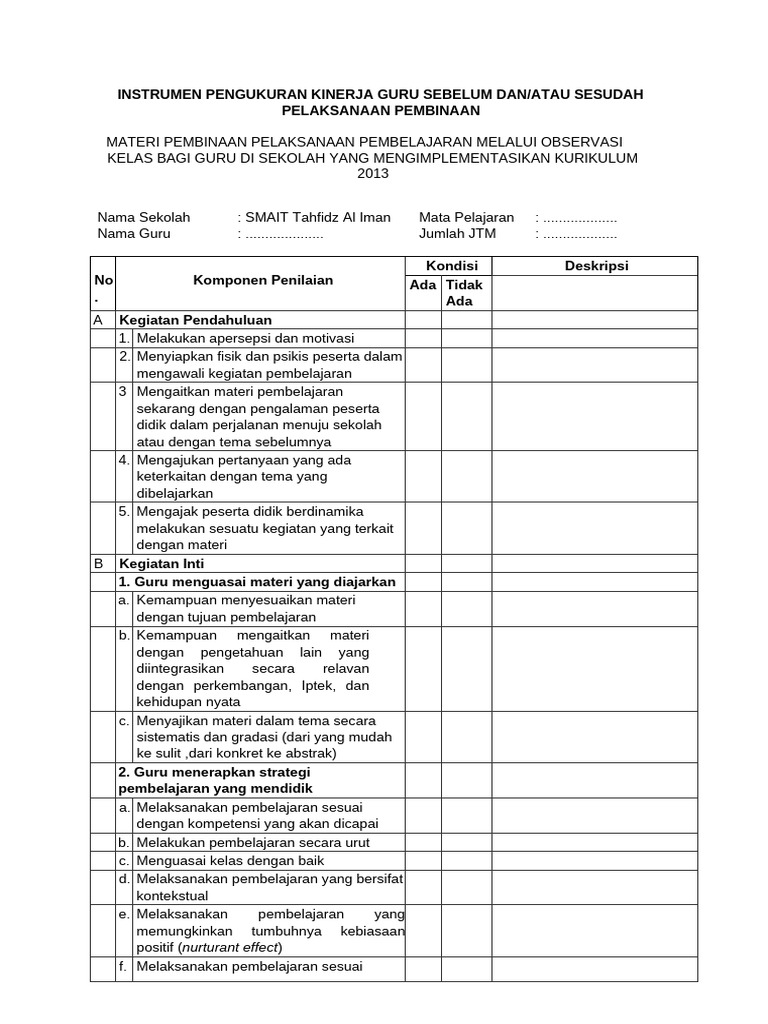 Instrumen Observasi Kelas K 2013 | PDF
