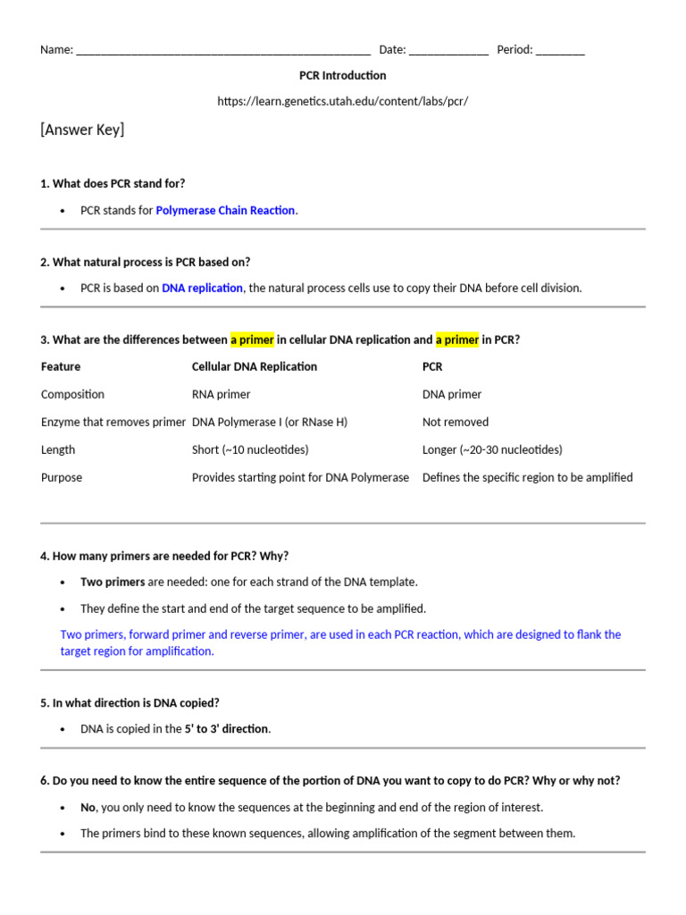 KEY to PCR Introduction | PDF | Primer (Molecular Biology) | Polymerase ...