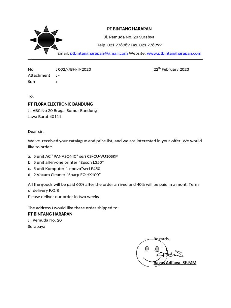 PT Bintang Harapan Order Confirmation | PDF