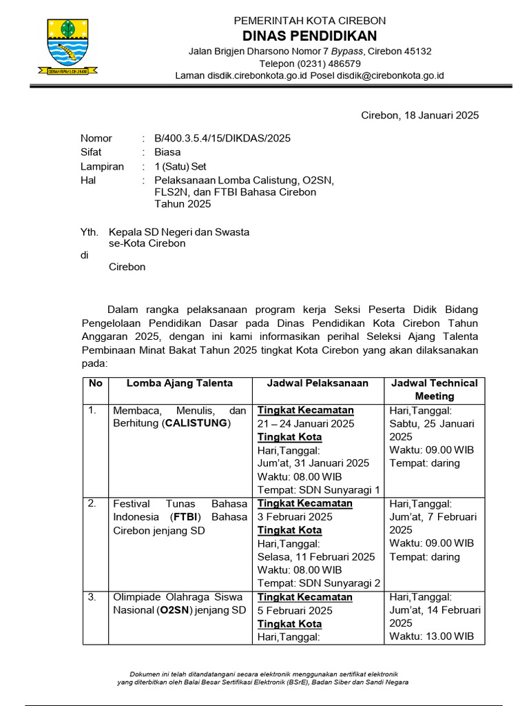 Pelaksanaan Lomba Ajang Talenta Jenjang SD Tk. Kota Cirebon 2025 | PDF